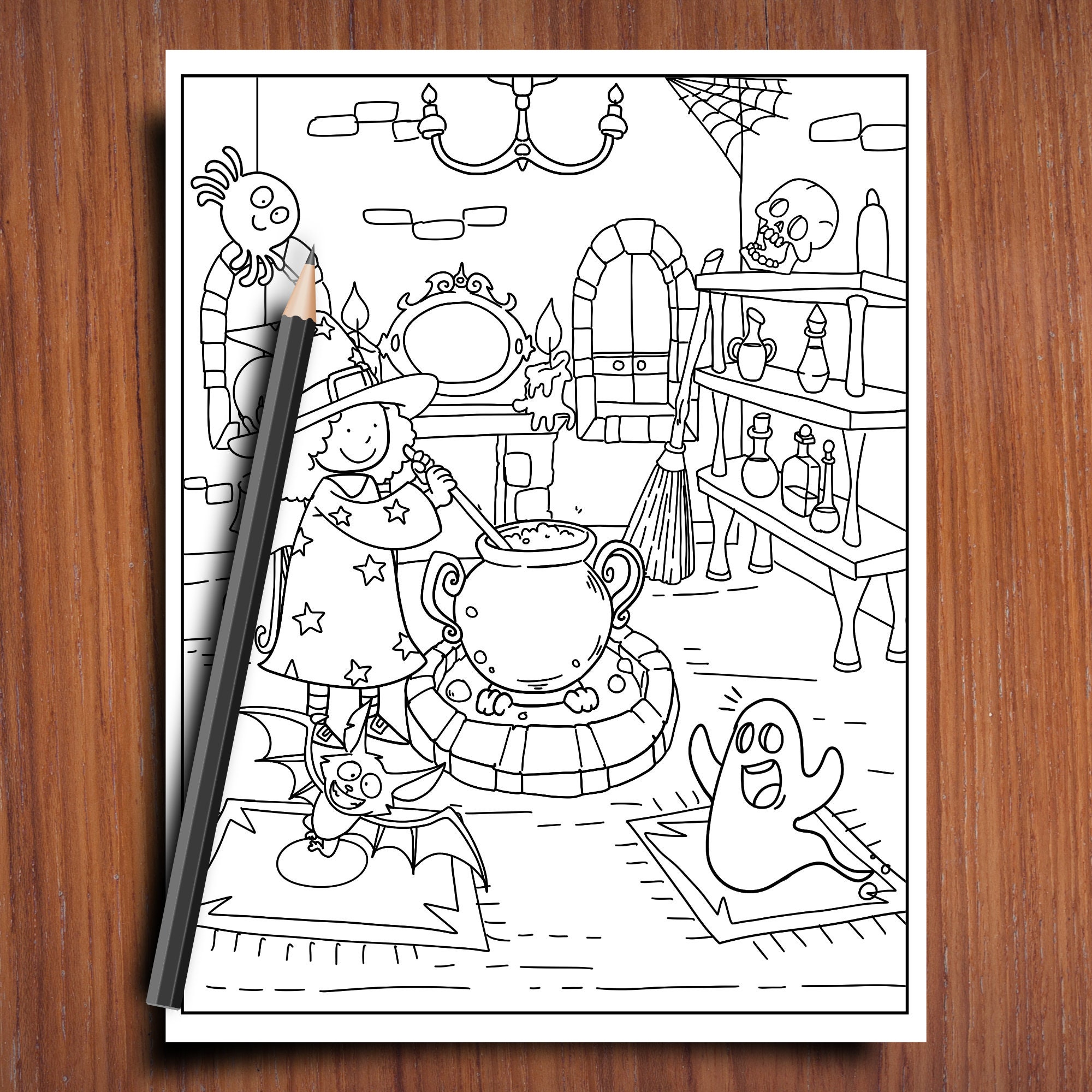 Halloween Coloring Page, Witch, Monster, Cauldron, Haunted House, A ...