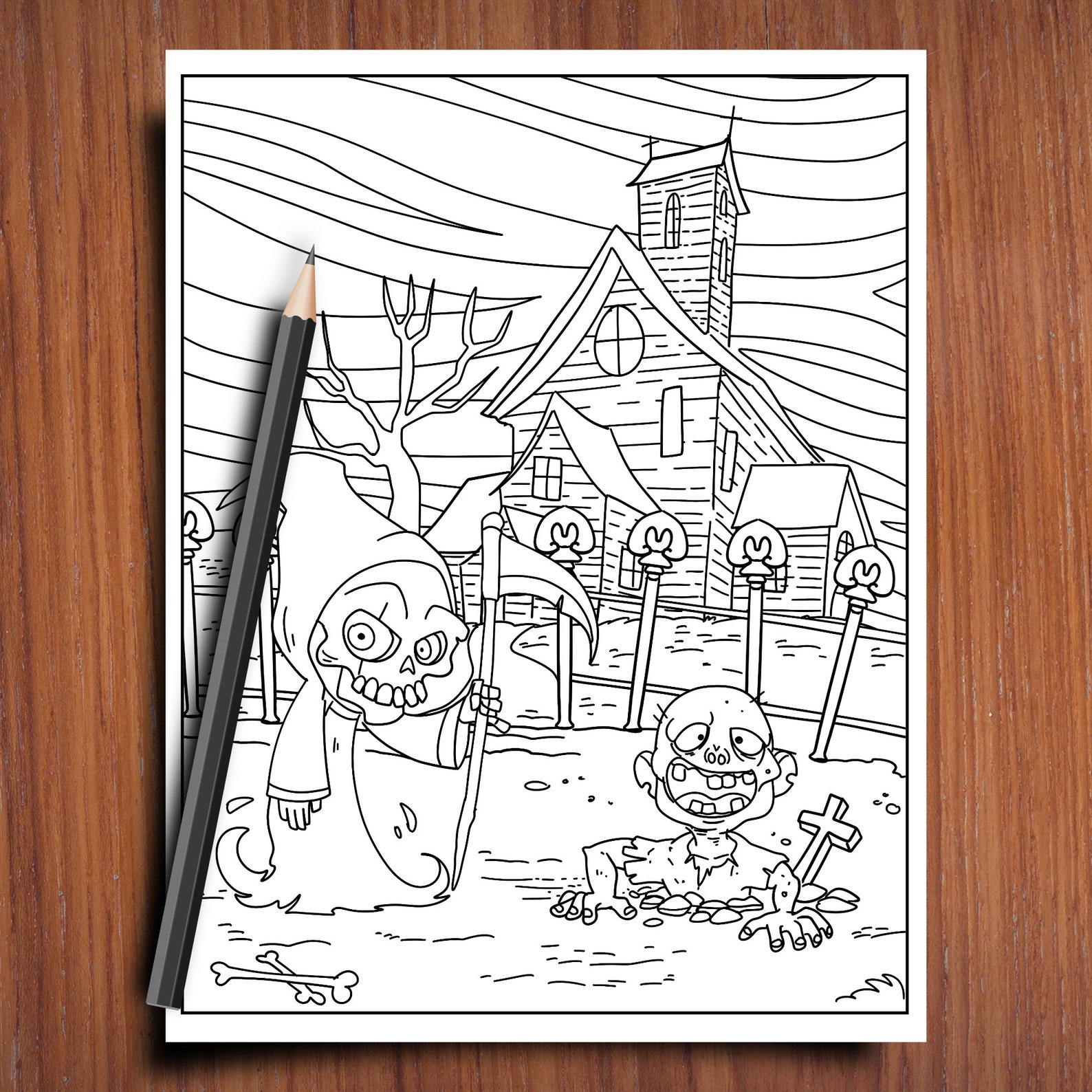 Halloween Coloring Page, Zombie, Witch, Haunted House, Pumpkin, Trick ...