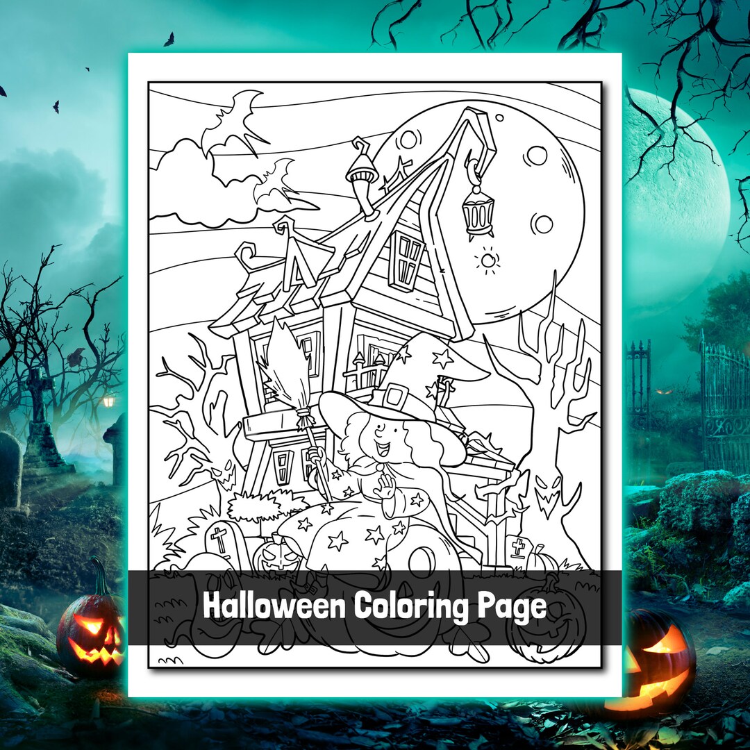 Halloween Coloring Page Haunted House Halloween Witch A - Etsy