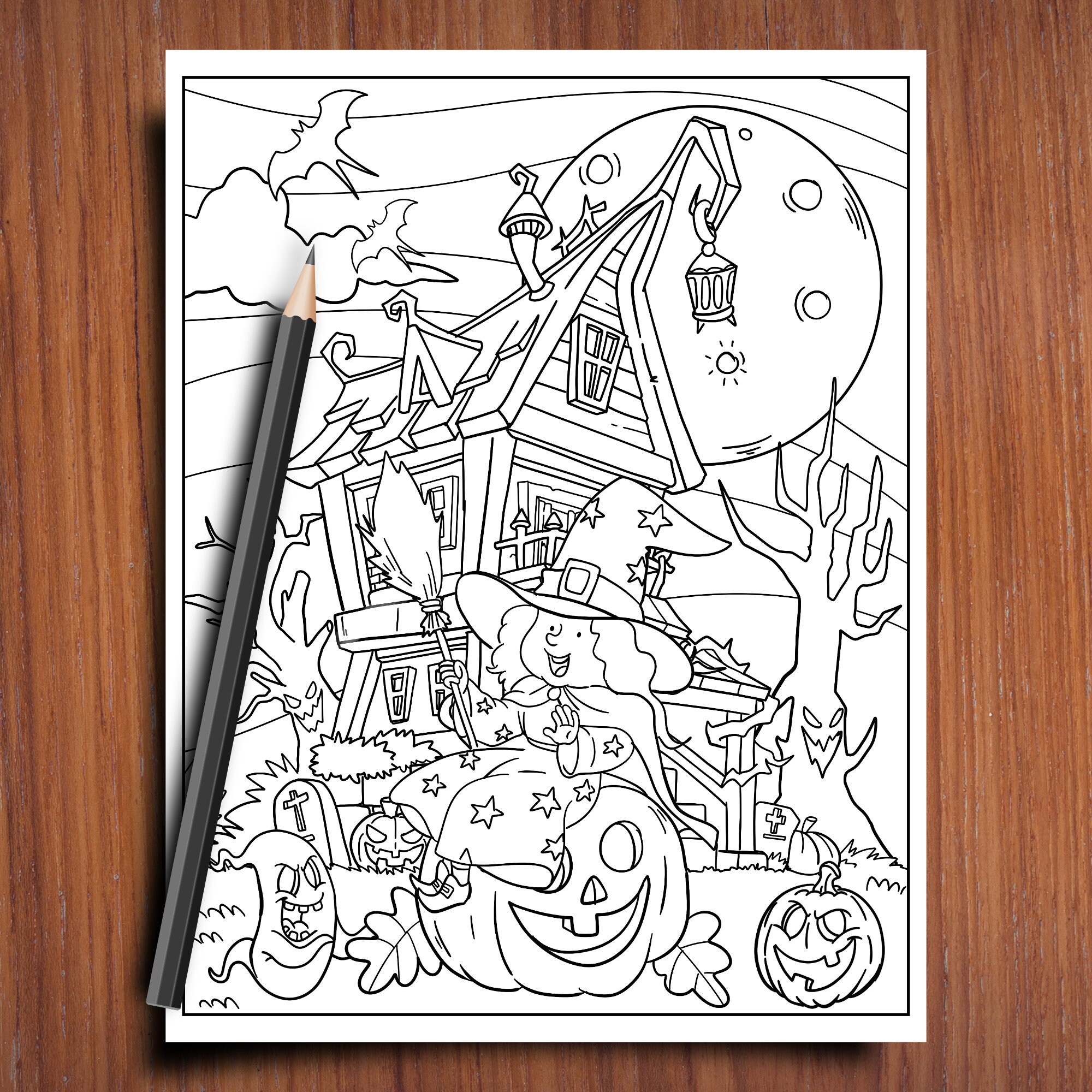 Halloween Coloring Page, Haunted House, Halloween Witch, A Spooky ...