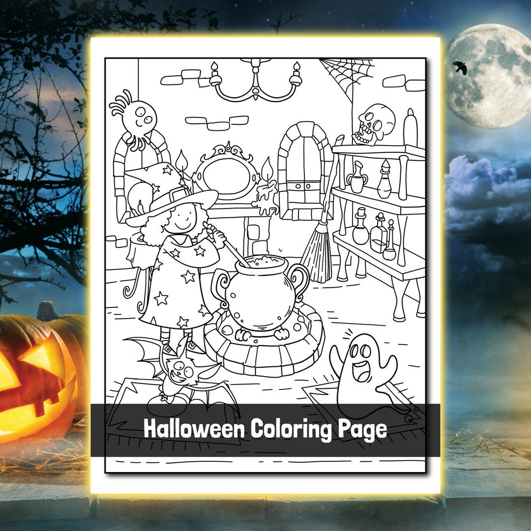 Halloween Coloring Page, Witch, Monster, Cauldron, Haunted House, A ...
