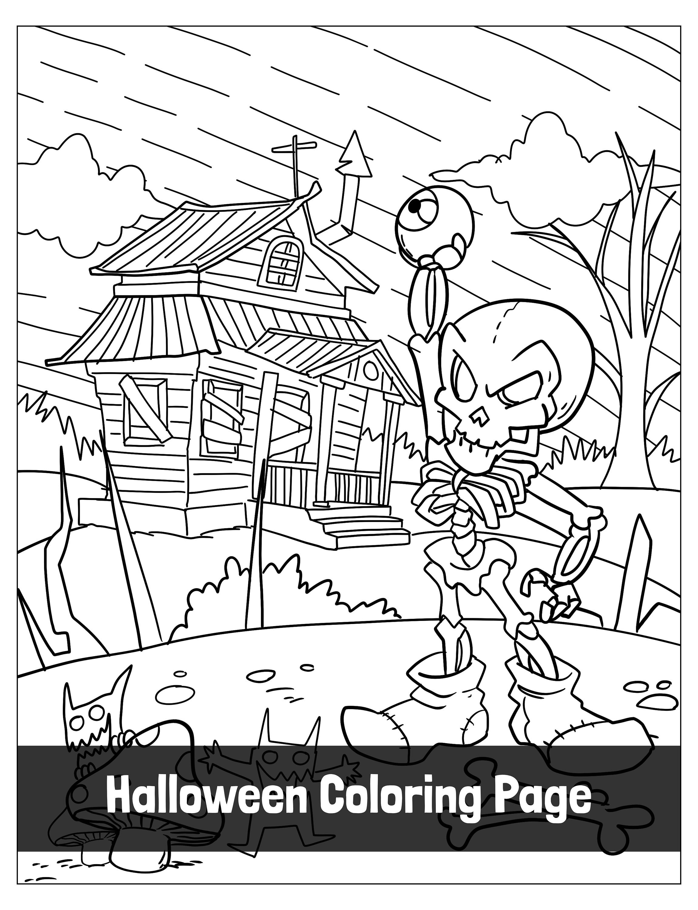 Halloween Coloring Page, Skeleton, Monster, Haunted House, A Spooky ...