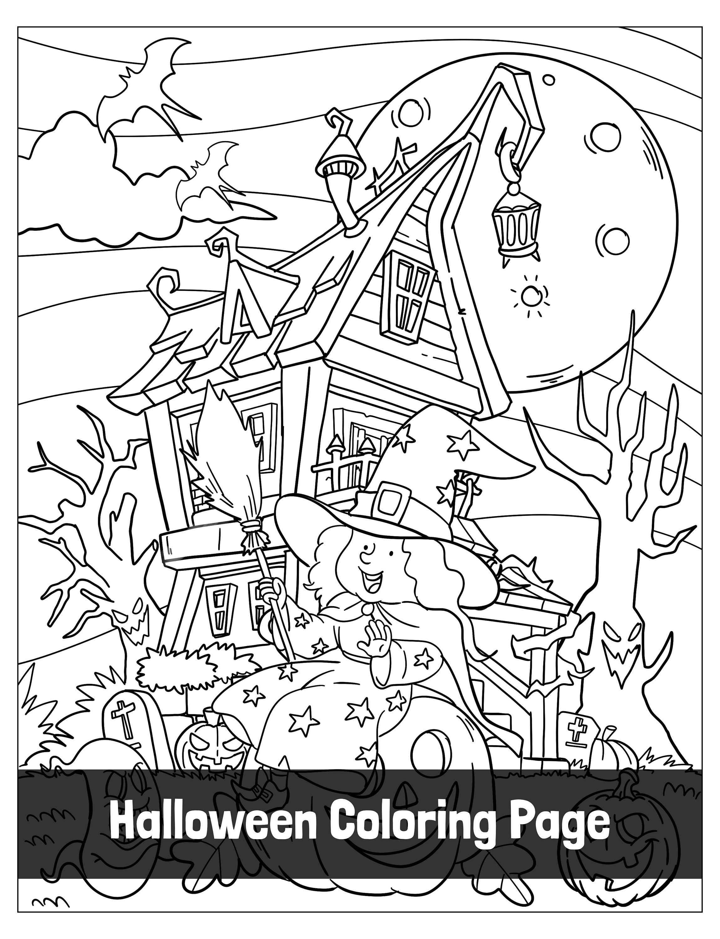 Halloween Coloring Page, Haunted House, Halloween Witch, A Spooky ...