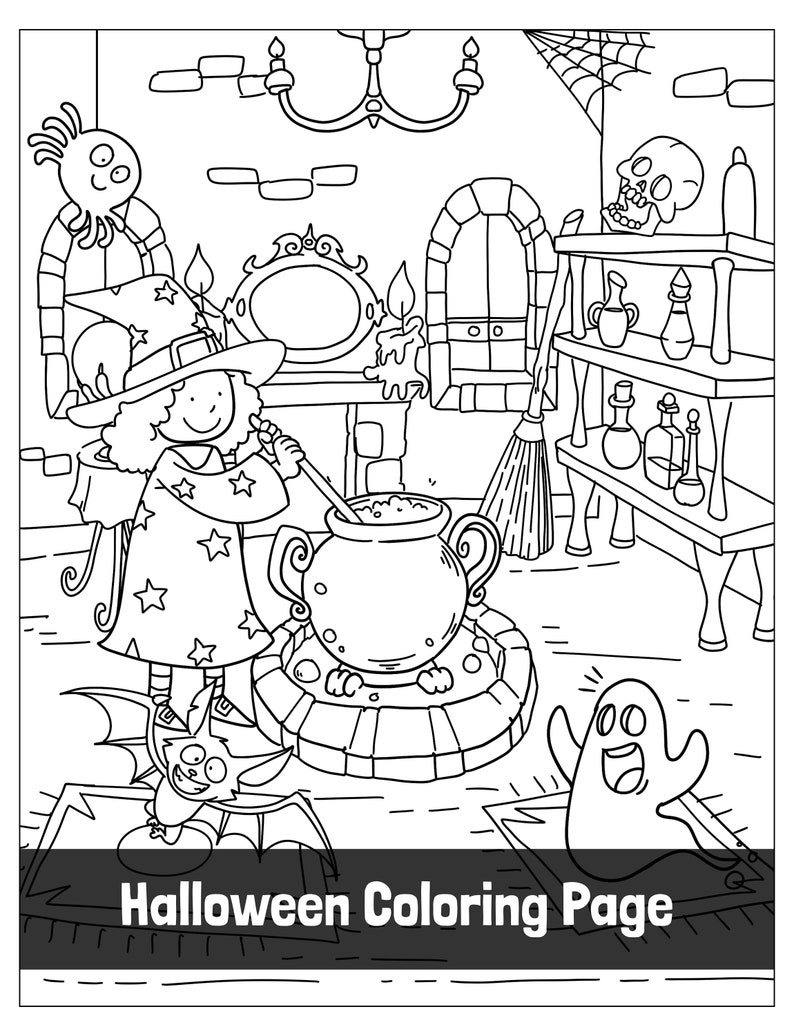 Halloween Coloring Page, Witch, Monster, Cauldron, Haunted House, A ...