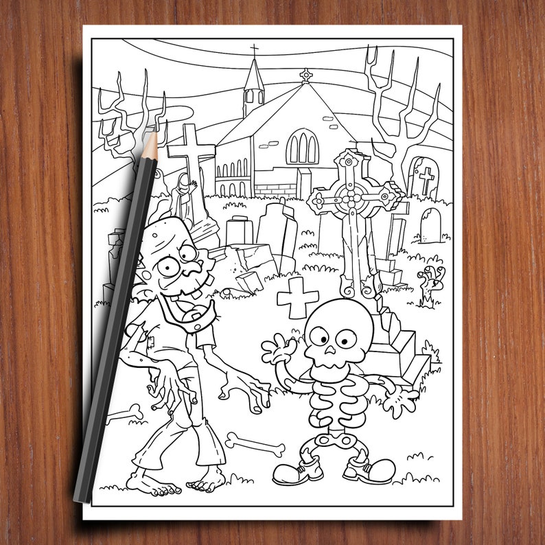 Halloween Coloring Page, Zombie, Monster, Haunted House, A Spooky ...