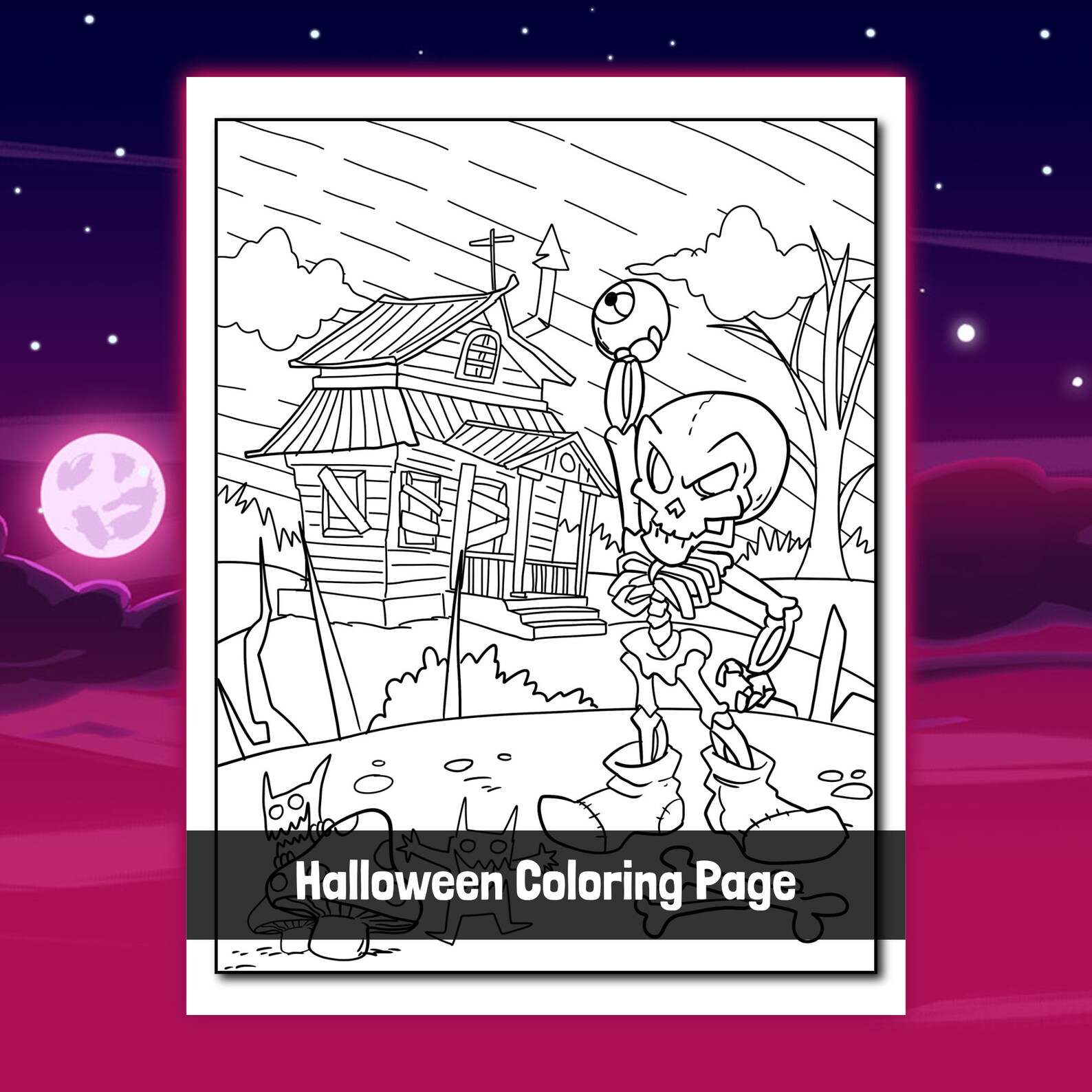 Halloween Coloring Page, Skeleton, Monster, Haunted House, A Spooky ...