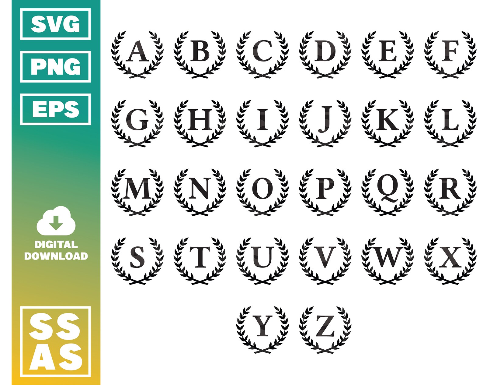 Laurel Letter Vector Bundle Alphabet Clipart SVG/EPS/PNG File Wreath ...