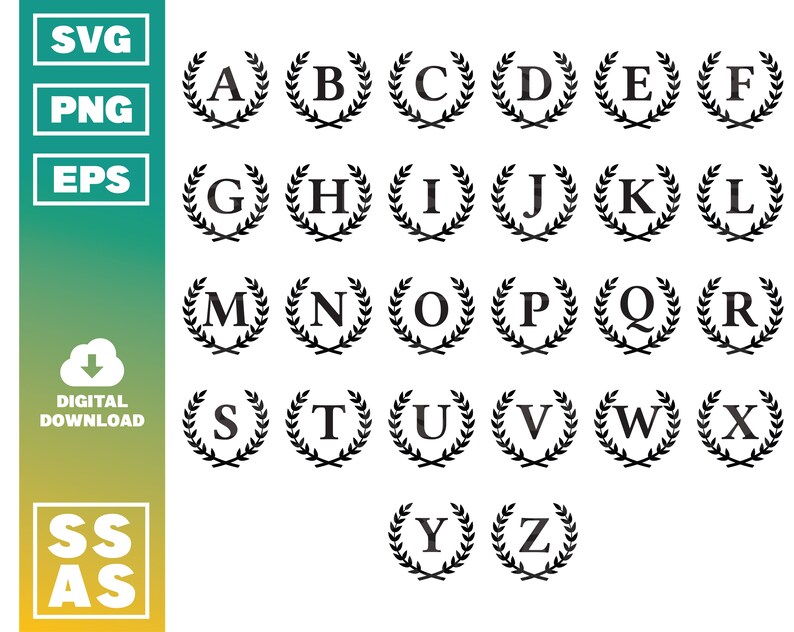 Laurel Letter Vector Bundle Alphabet Clipart SVG/EPS/PNG File Wreath ...