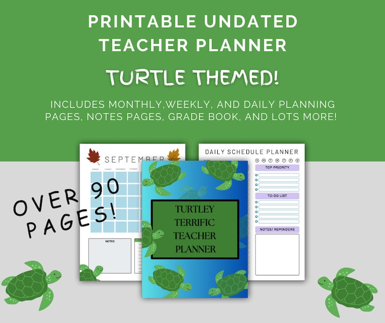 Printable Teacher Planner Undated Turtle Themed - Etsy