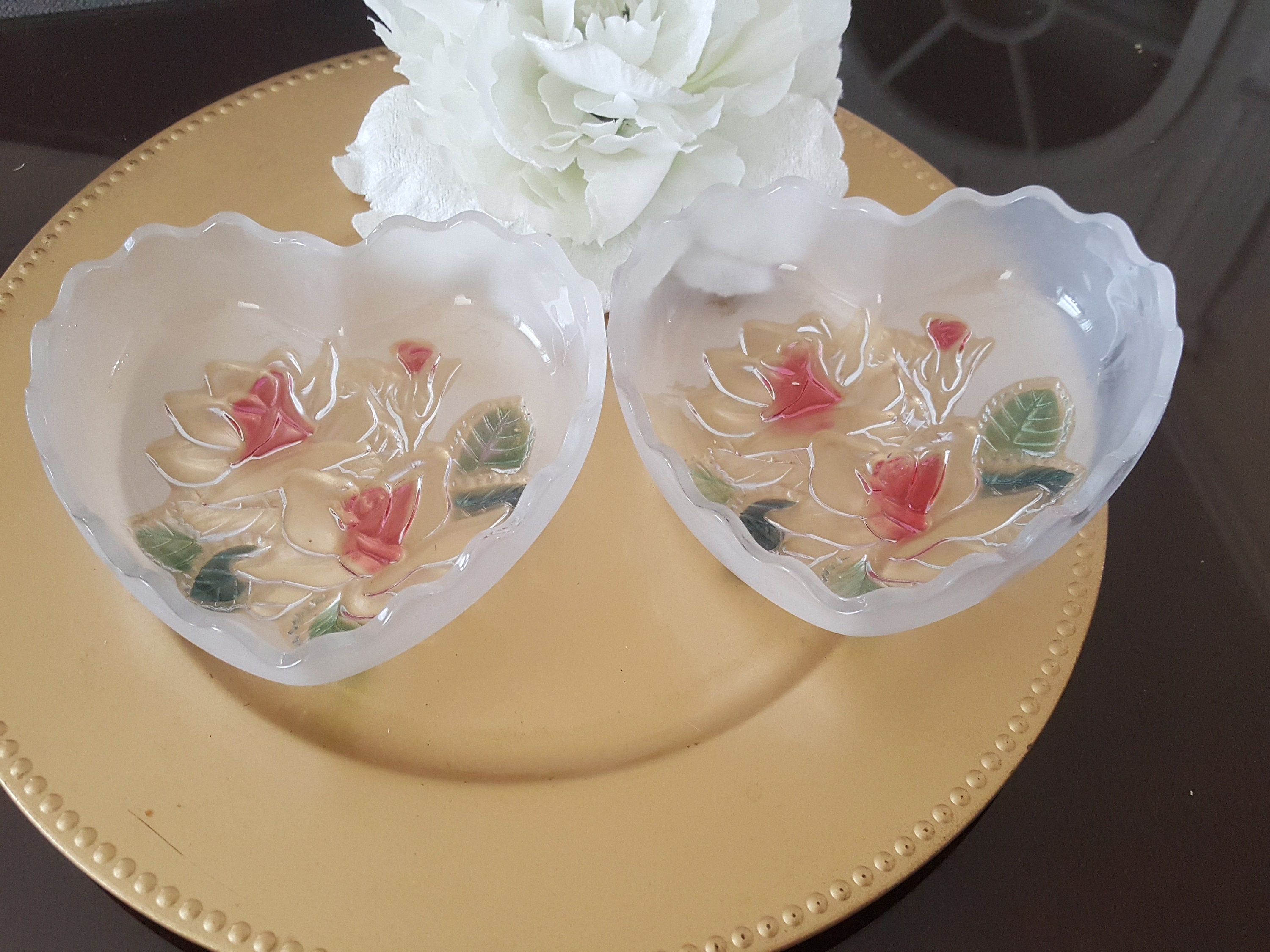 Vintage Set of Frosted Candy Dish With Etched Rose Design | Etsy