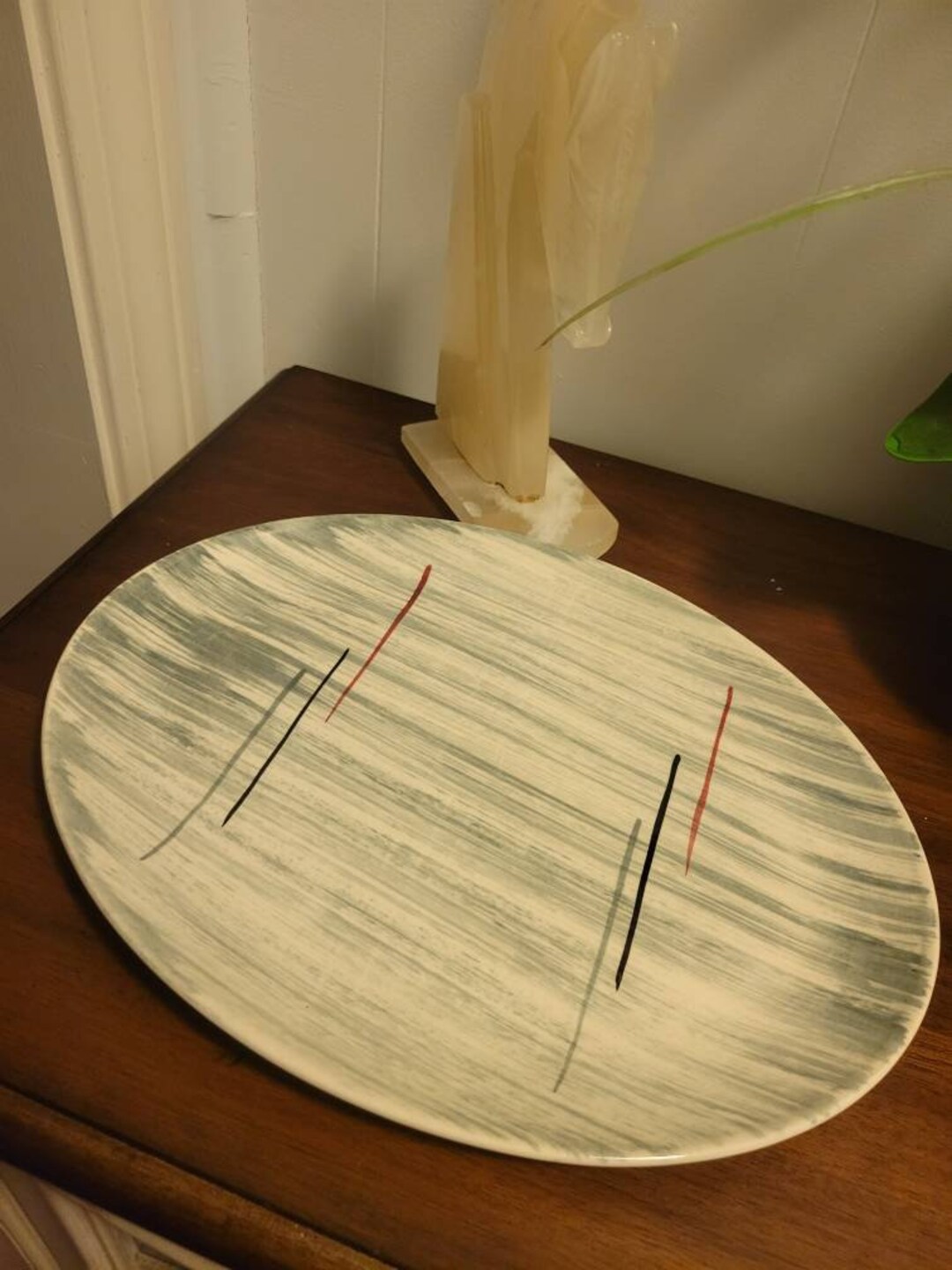 Retro 1950s MCM Prim Rose China Oval Serving Tray W Grey Abstract Lines ...