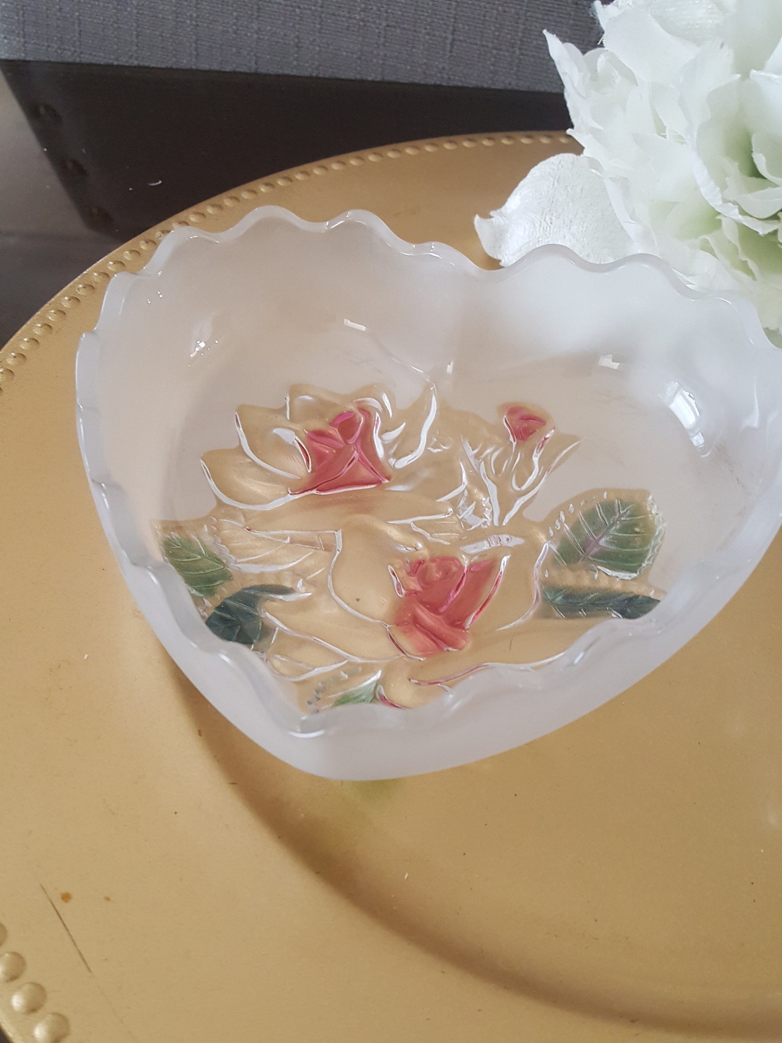 Vintage Set of Frosted Candy Dish with Etched Rose Design | Etsy