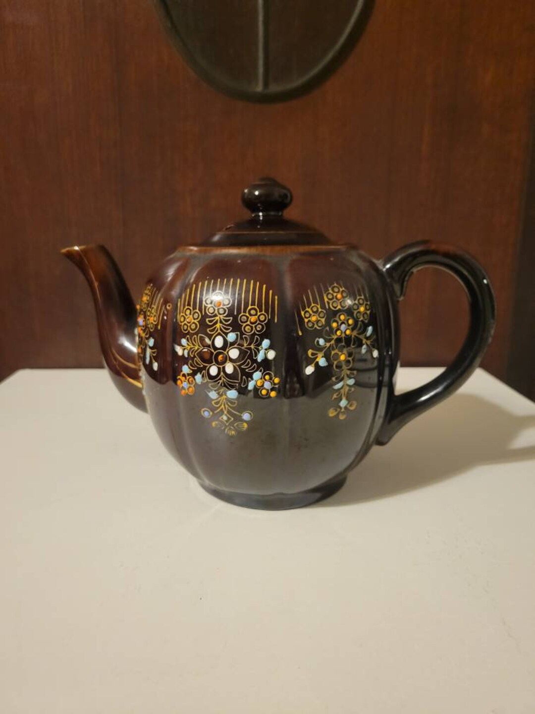 Vintage Brown Glazed Ceramic Redware Teapot With Handpainted Flowers ...