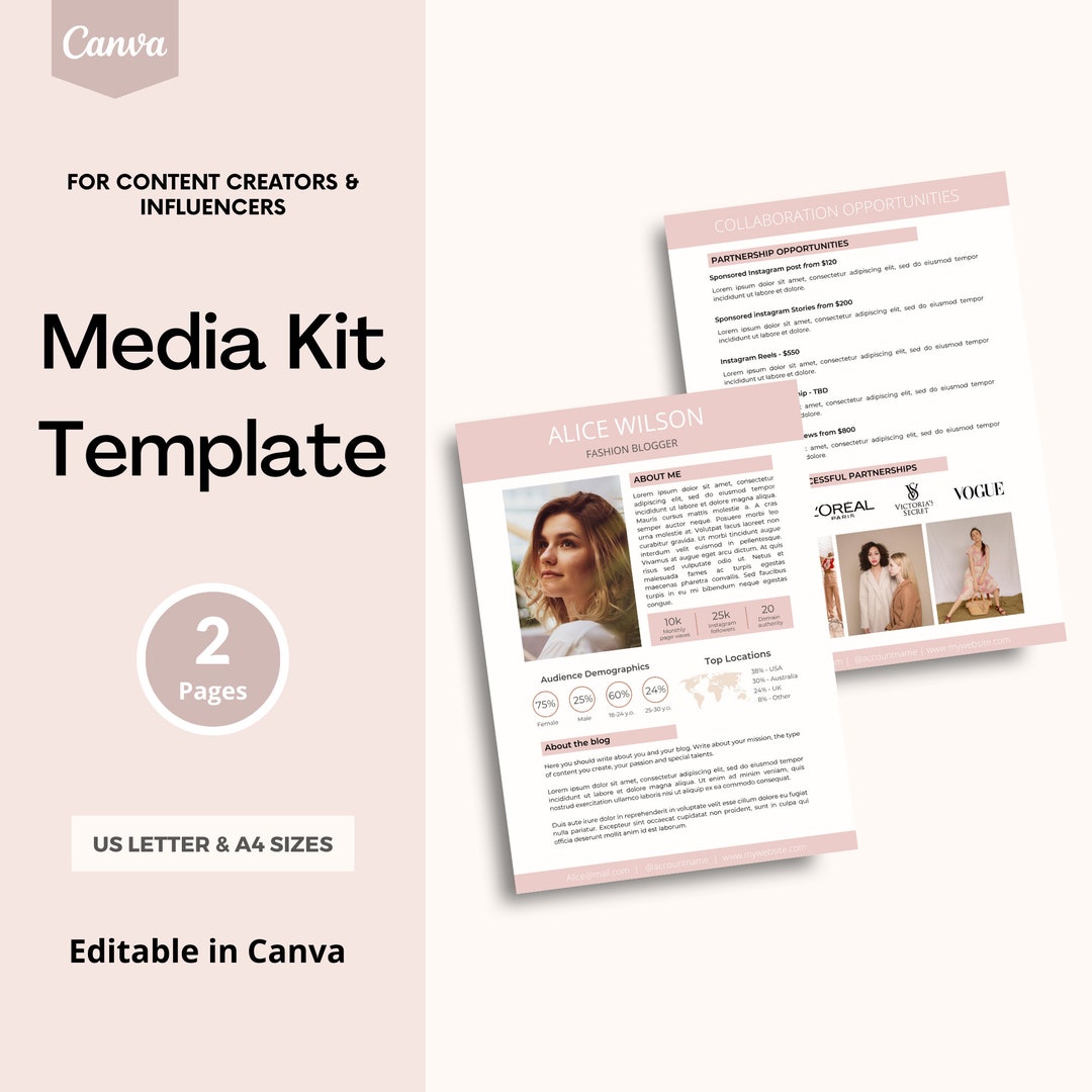 2 Page Media Kit Canva Template Instagram Media Kit Influencer Rate Sheet Template Blogger Press ...