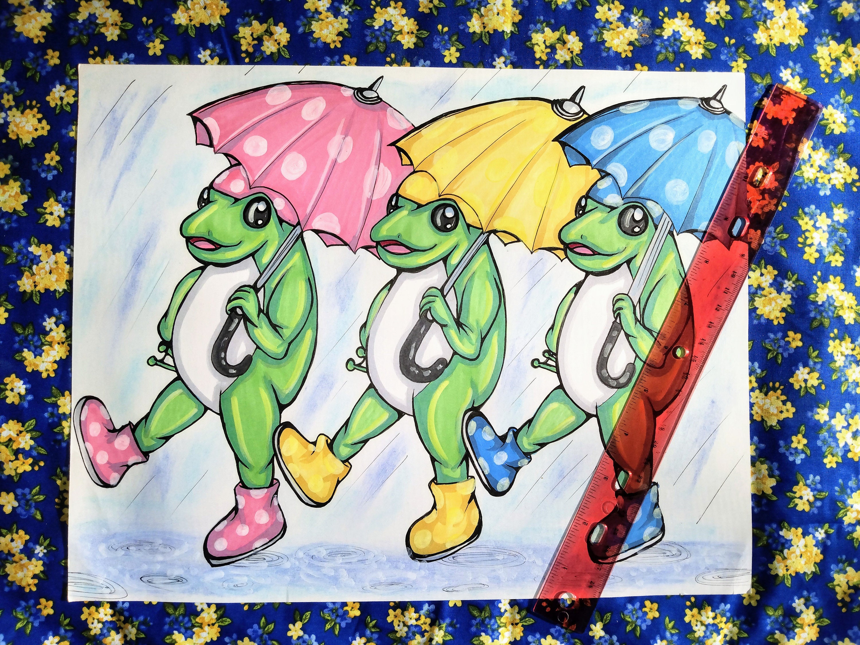 Rainy Day Frog Trio original artwork illustration cute frogs | Etsy