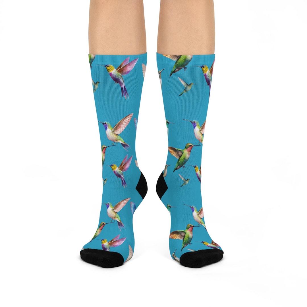 Hummingbird Print Crew Socks: Light Blue Floral Feet Warmers - Etsy