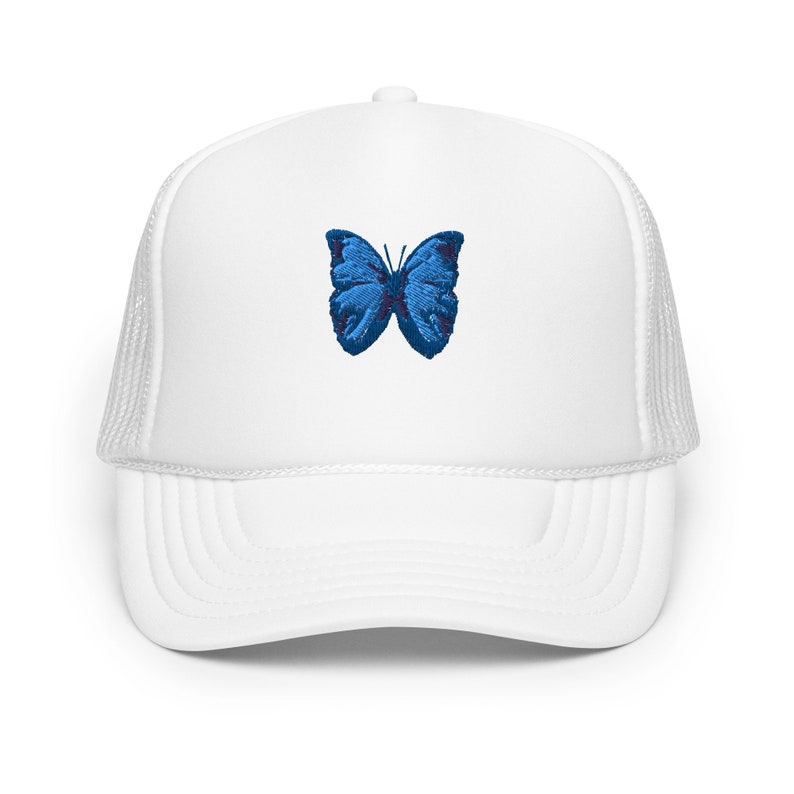 Blue Butterfly Embroidered Trucker Hat - Custom Foam Cap, Festival Hat ...