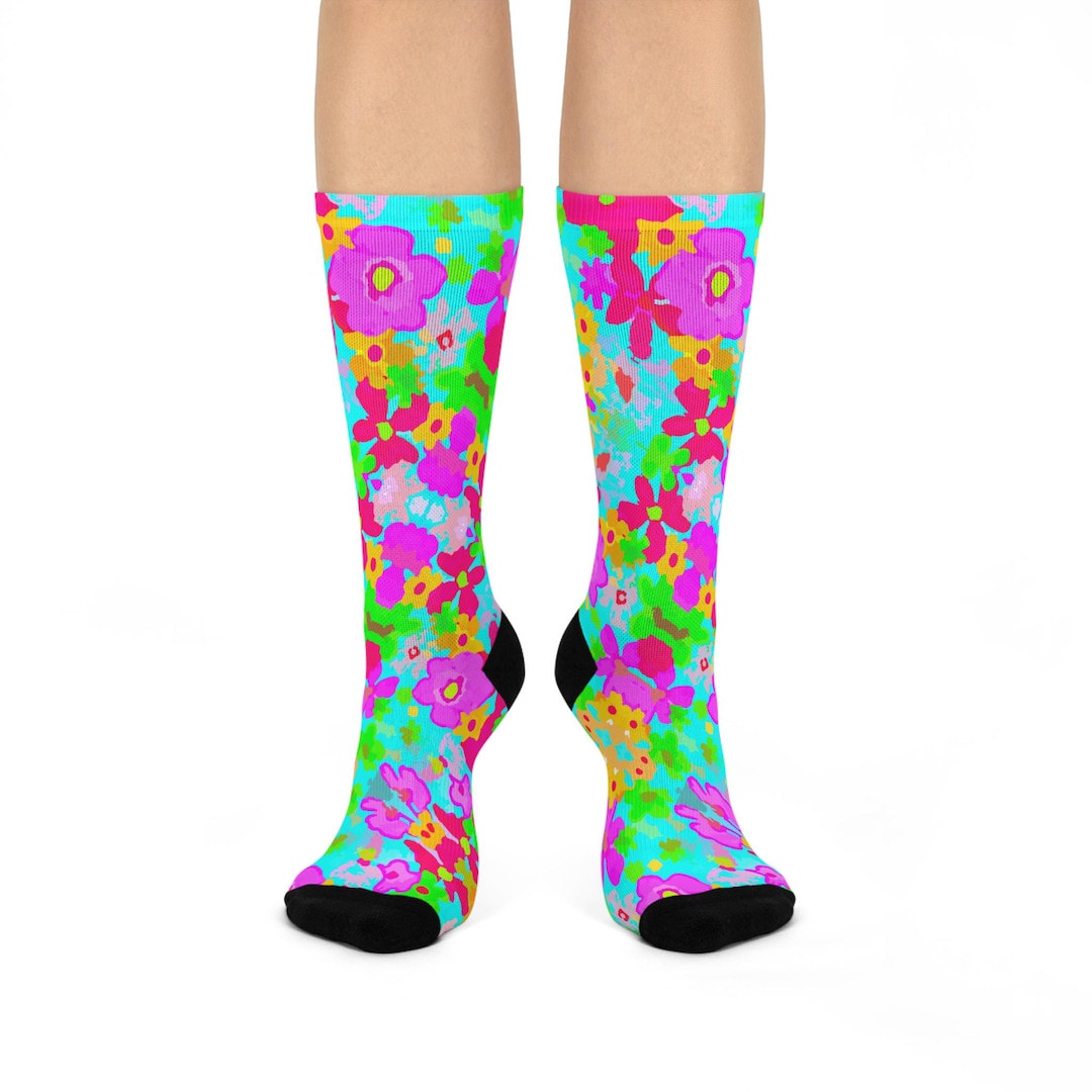 60s Floral Crew Socks: Retro Hyper Flower Design, Cushioned Unisex ...