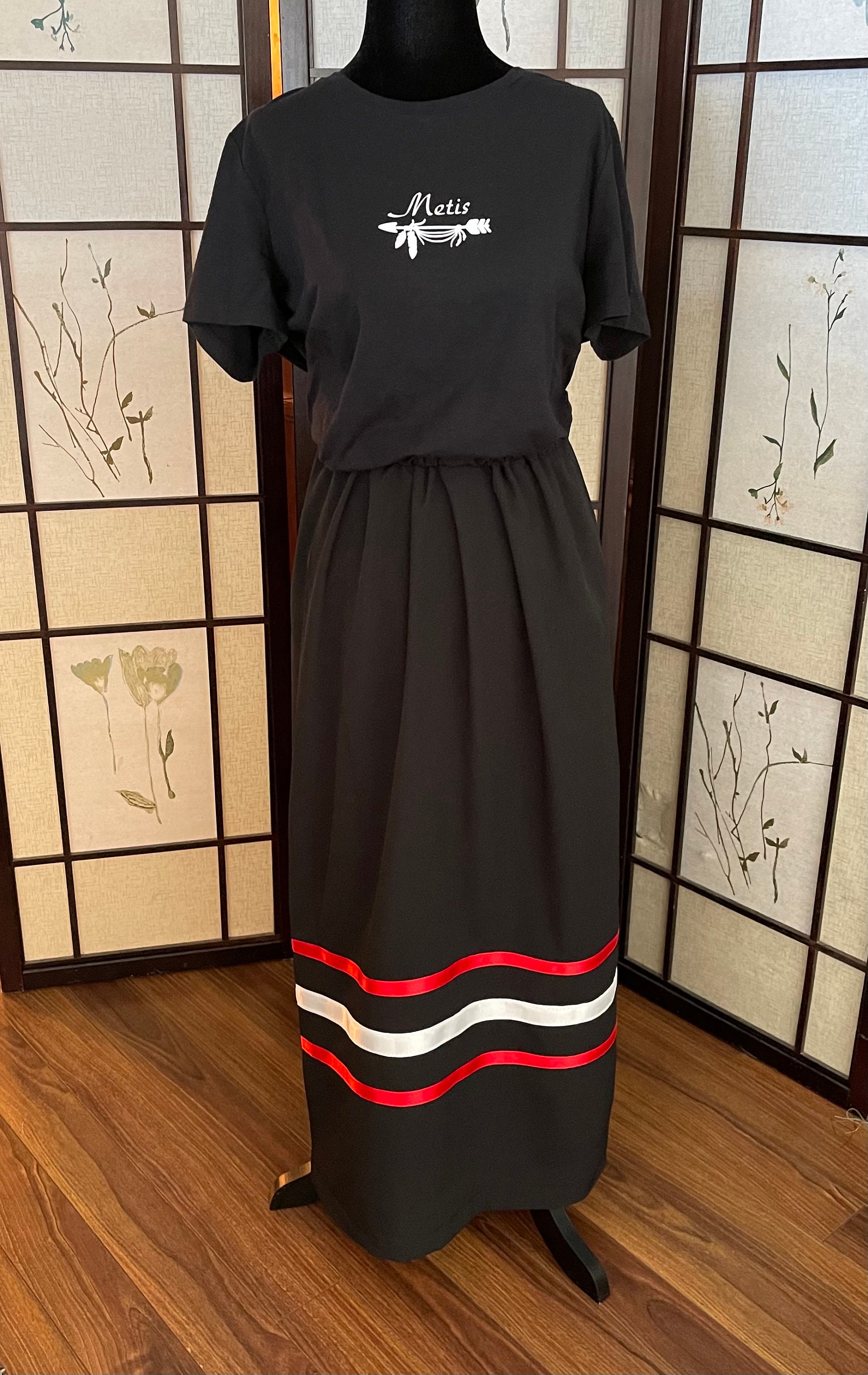 Womens Traditional Festive Metis Ribbon Skirt, Black With Satin Ribbon ...