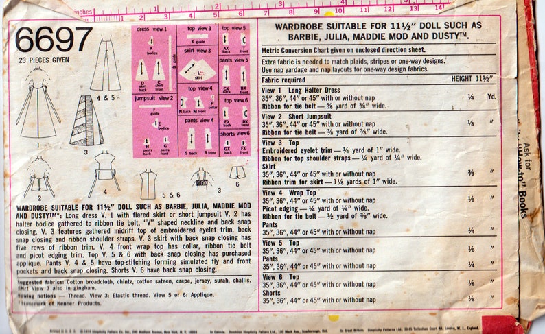 Simplicity Sewing Pattern 6697 Barbie Size Original - Etsy