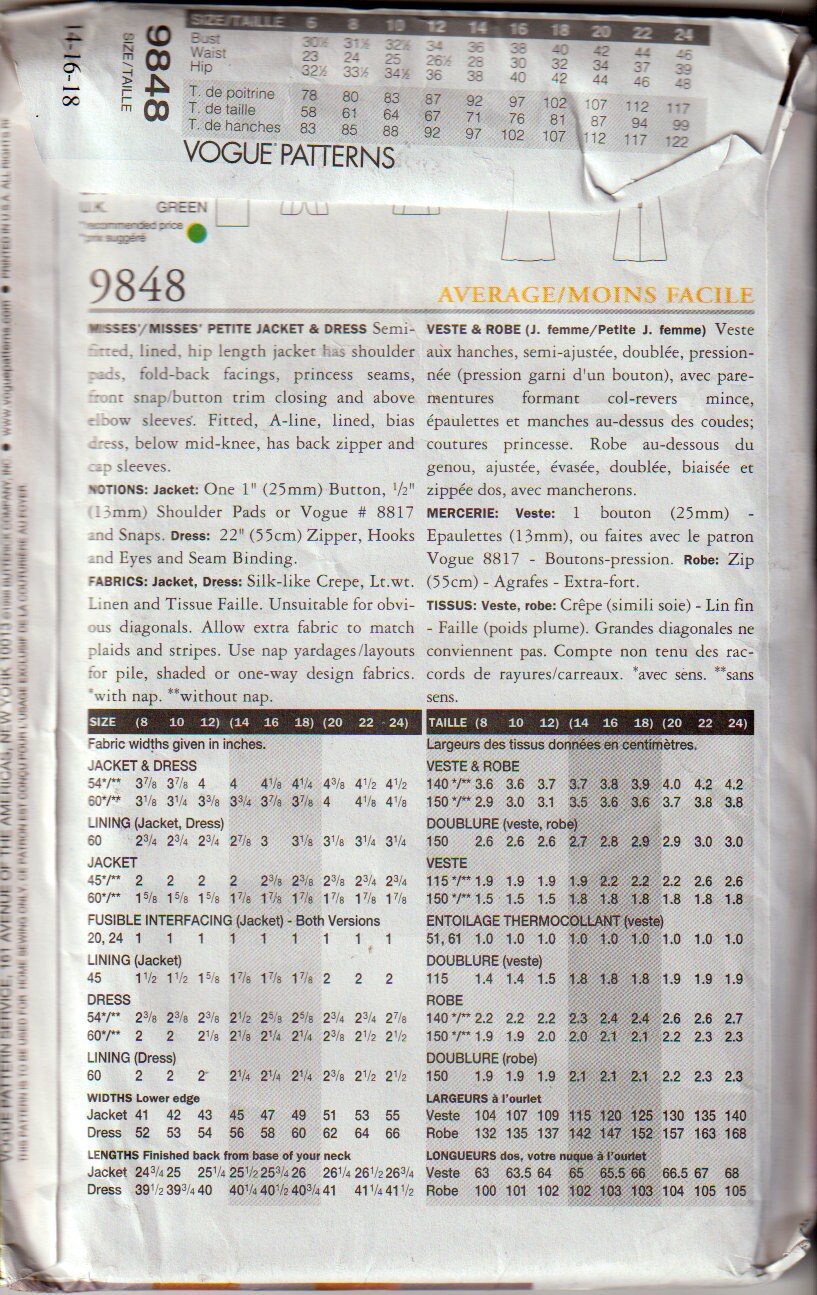 Vogue Sewing Pattern 9848 Original - Etsy