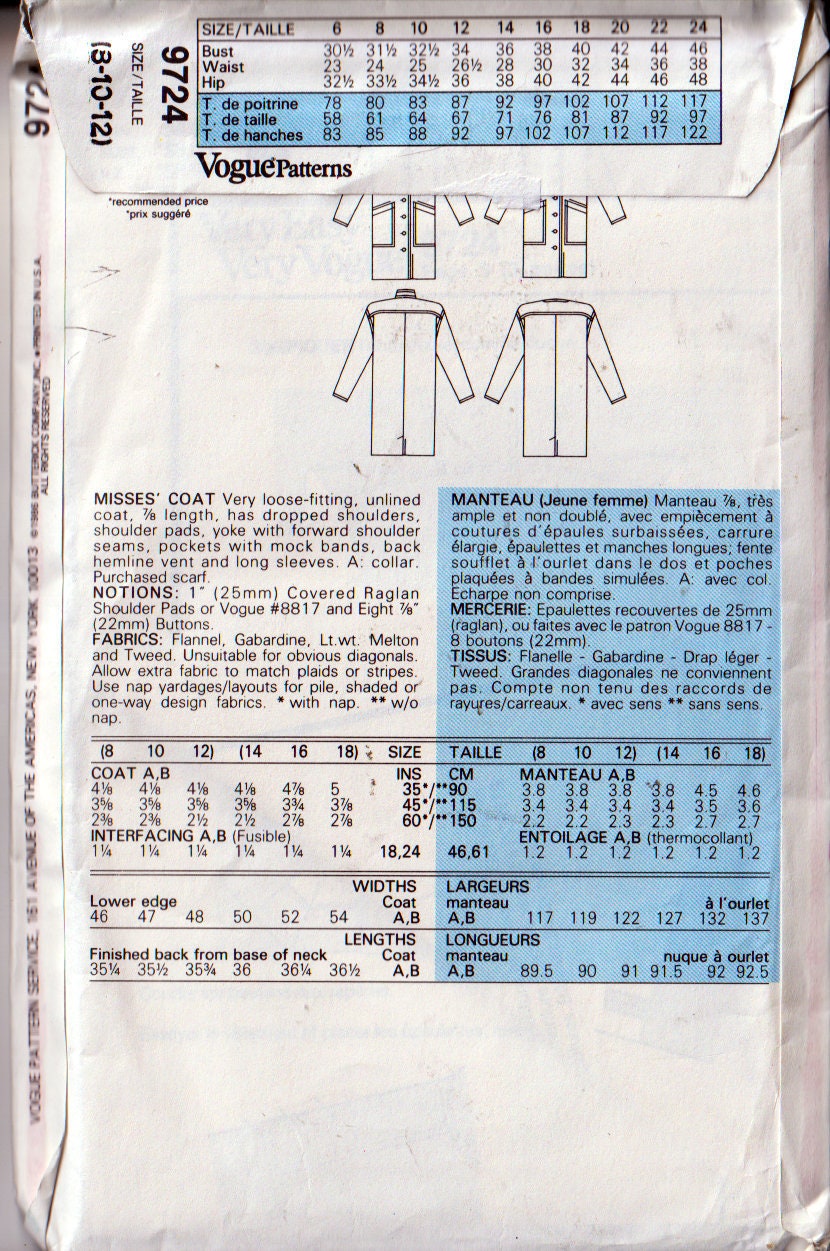 Vogue Sewing Pattern 9724 Original - Etsy