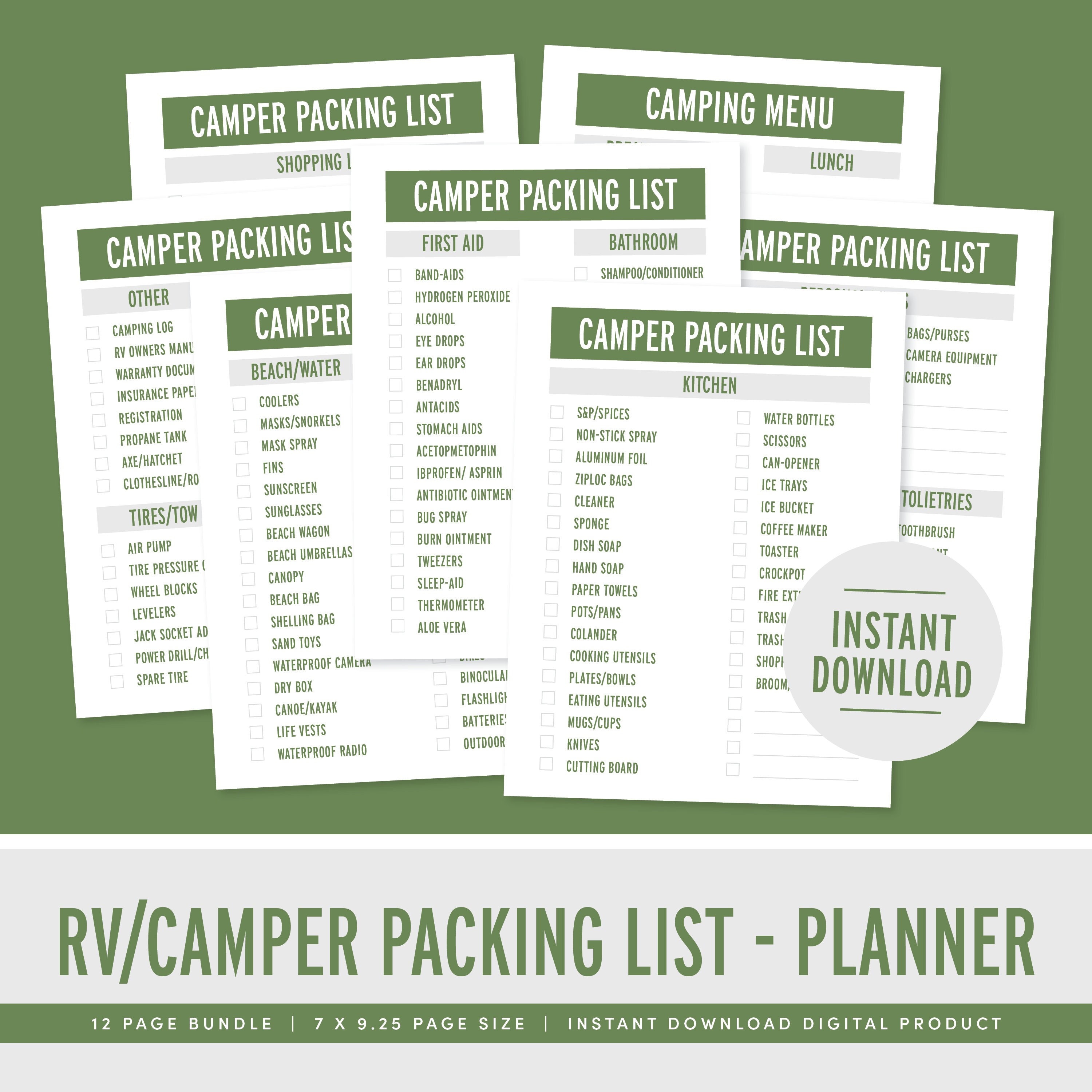 Planner Size - RV Camper Packing List - RV Camper Check List - Green - Etsy