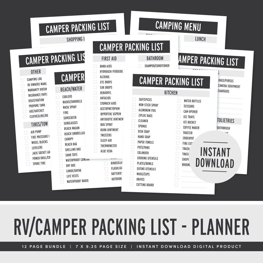 Planner Size - RV Camper Packing List - RV Camper Check List - Charcoal ...