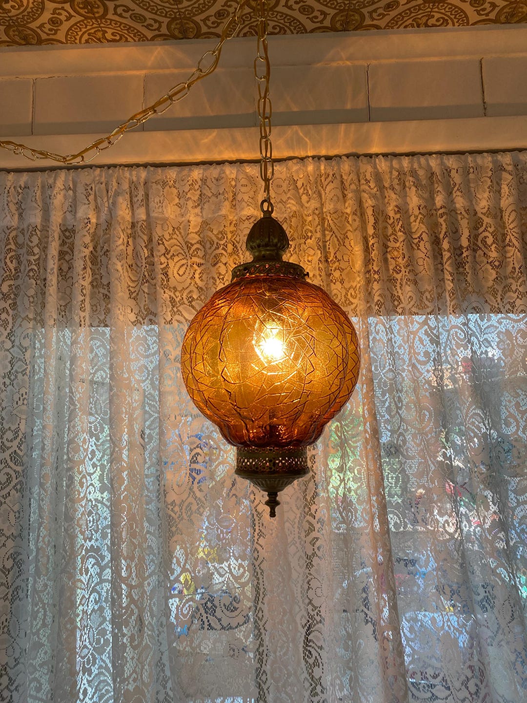 Gorgeous Mid Century Round Amber Glass Hanging Swag Plug in Style Lamp ...