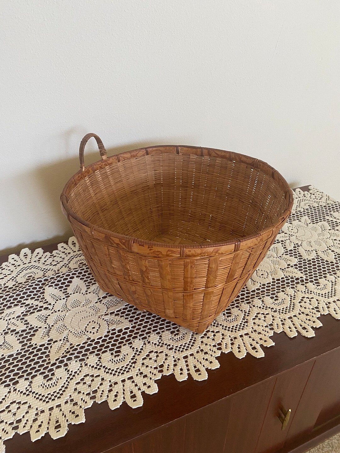 Vintage Large Hand Woven Basket With Hanging Handle - Etsy