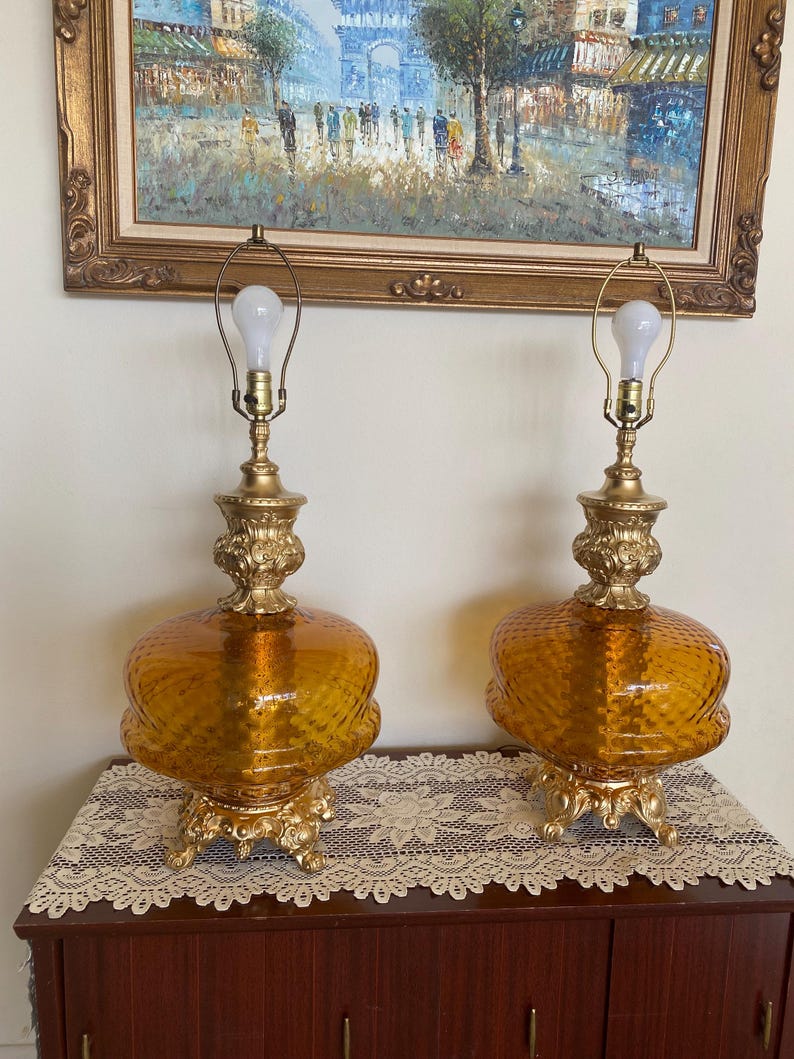 Vintage Large Mid Century Amber Glass Globe Table Lamps With Lighted ...