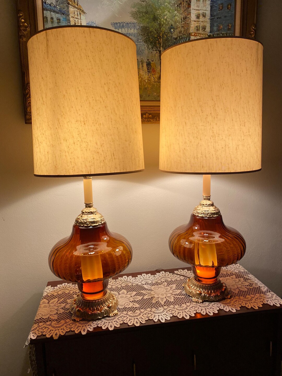 Beautiful Large Vintage Mid Century Amber Globe Table Lamps / Lighted ...