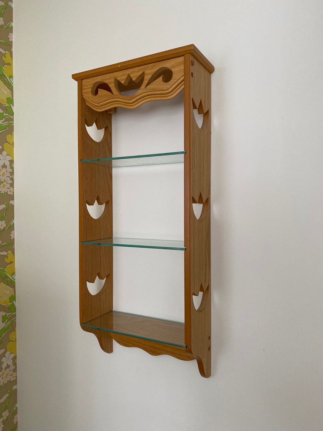 Adorable Dutch Styled Wood Wall Shelf Unit With Glass Shelves and Tulip ...