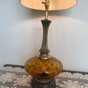 Vintage Amber Glass and Brass Table Lamp Lighted Base Gorgeous - Etsy