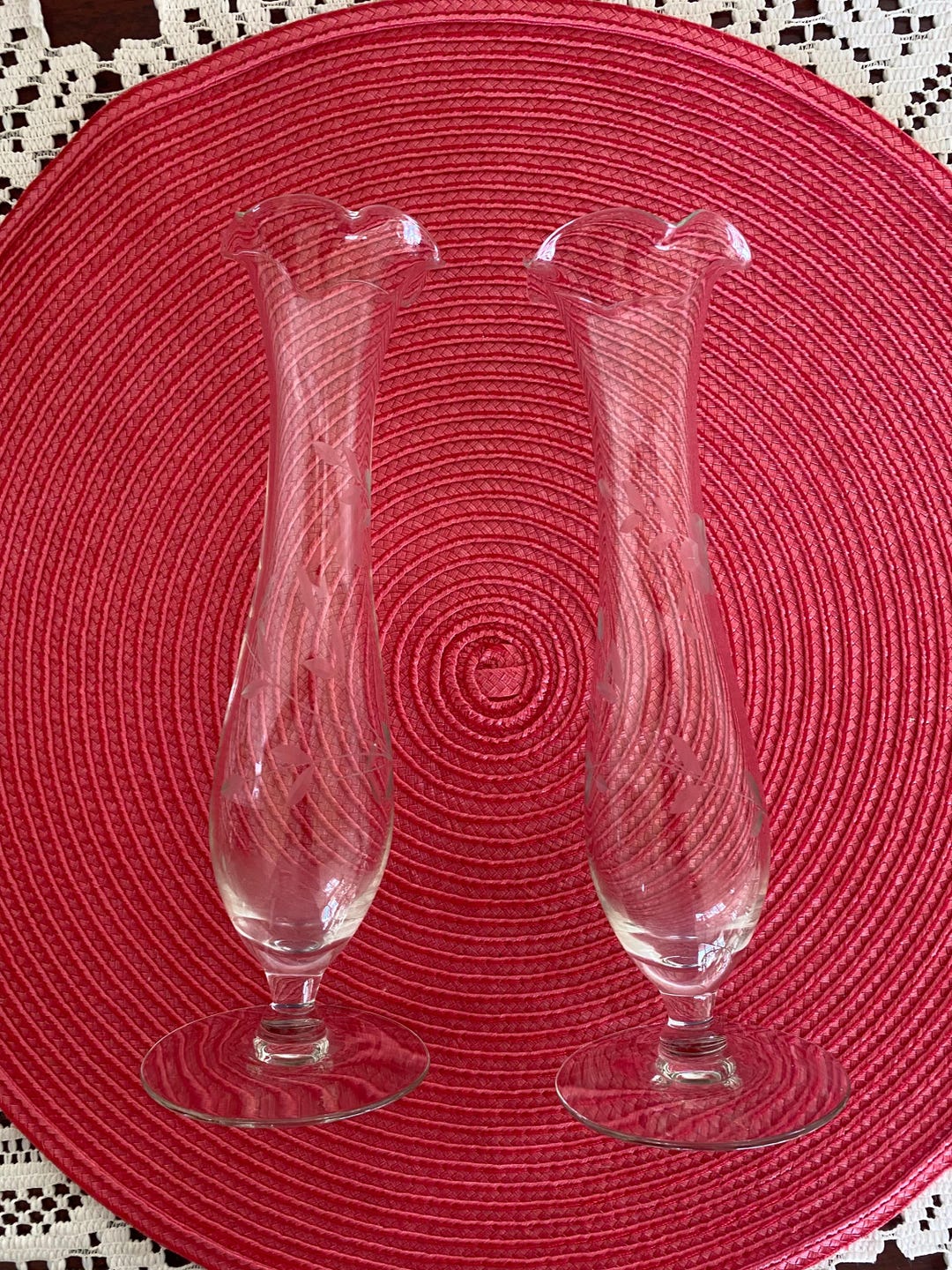 Vintage Princess House Bud Vases - Pair - 8” Tall - Etched Pattern With ...