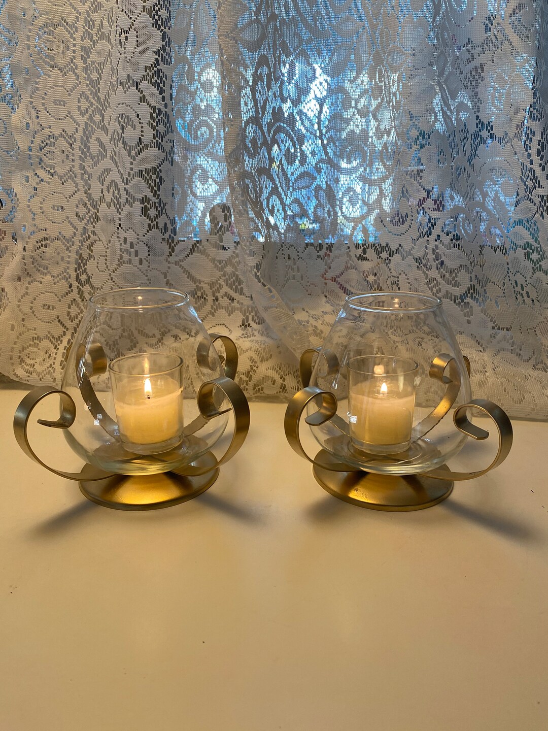Vintage Gold Tone Scroll Metal Candle Holders - Snifter Shaped Globes ...