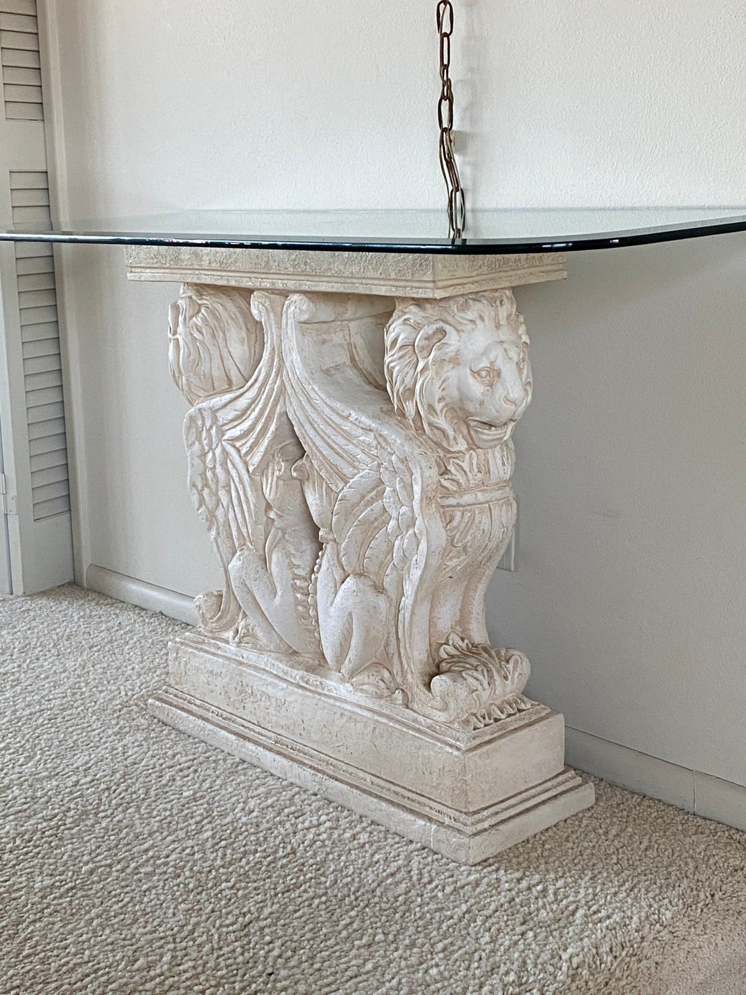 Gorgeous Beveled Glass Top Console Table - Double Winged Lion “stone ...
