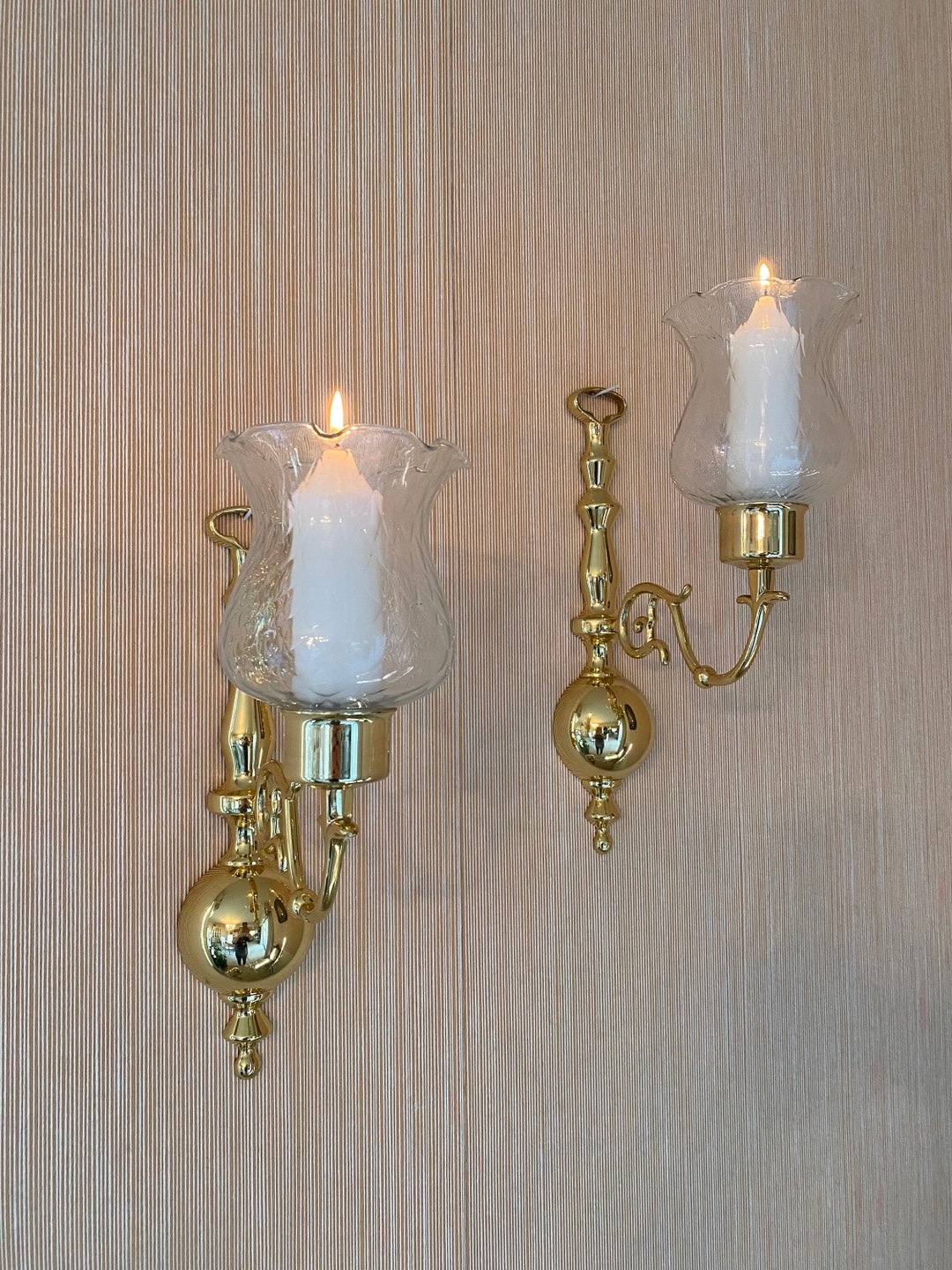 Beautiful Vintage Pair Brass Wall Candle Sconces With Clear Glass ...