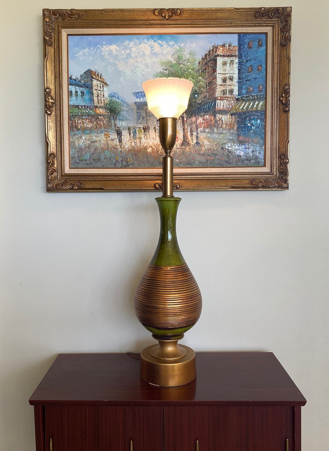 Huge Mid Century Modern MCM Table Lamp - Green Glazed Ceramic and Gold ...
