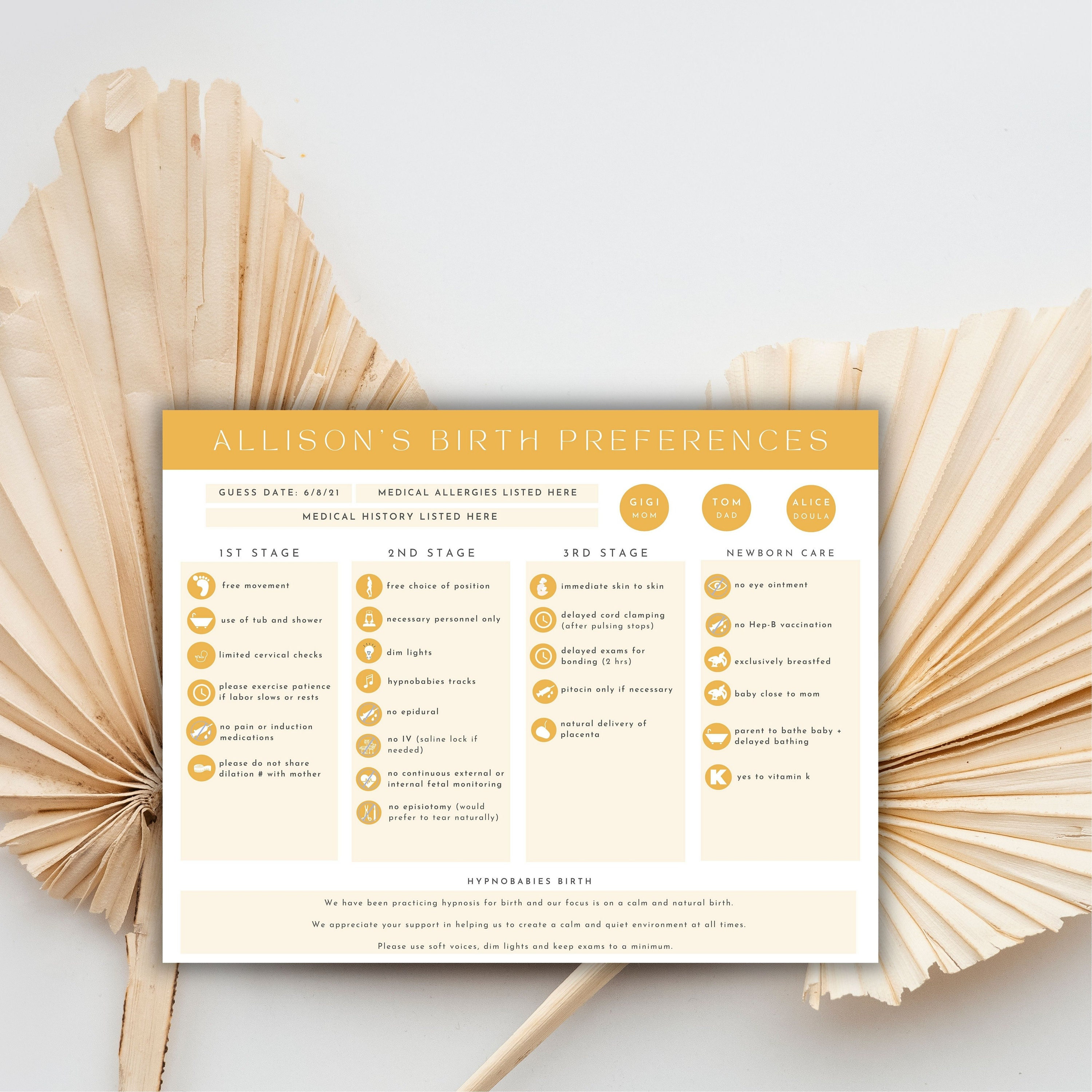 Birthing Plan / Natural Childbirth / Birth Preferences / Unmedicated ...