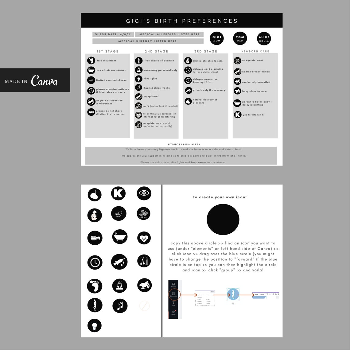 Visual Birth Plan / Birth Preferences / Natural Birth / - Etsy