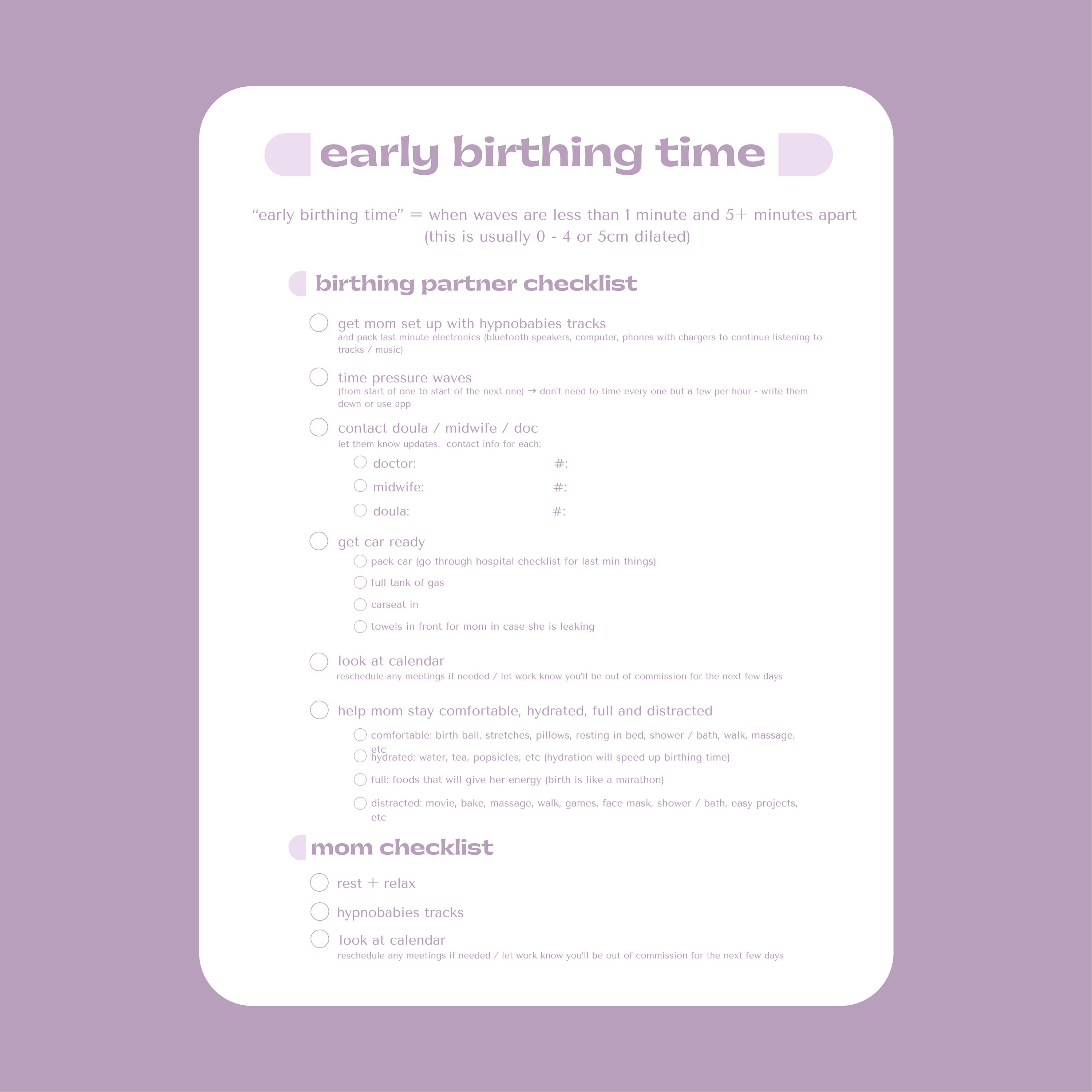 Birthing Time Prep Checklist / Birth Partner / Birth Time / - Etsy