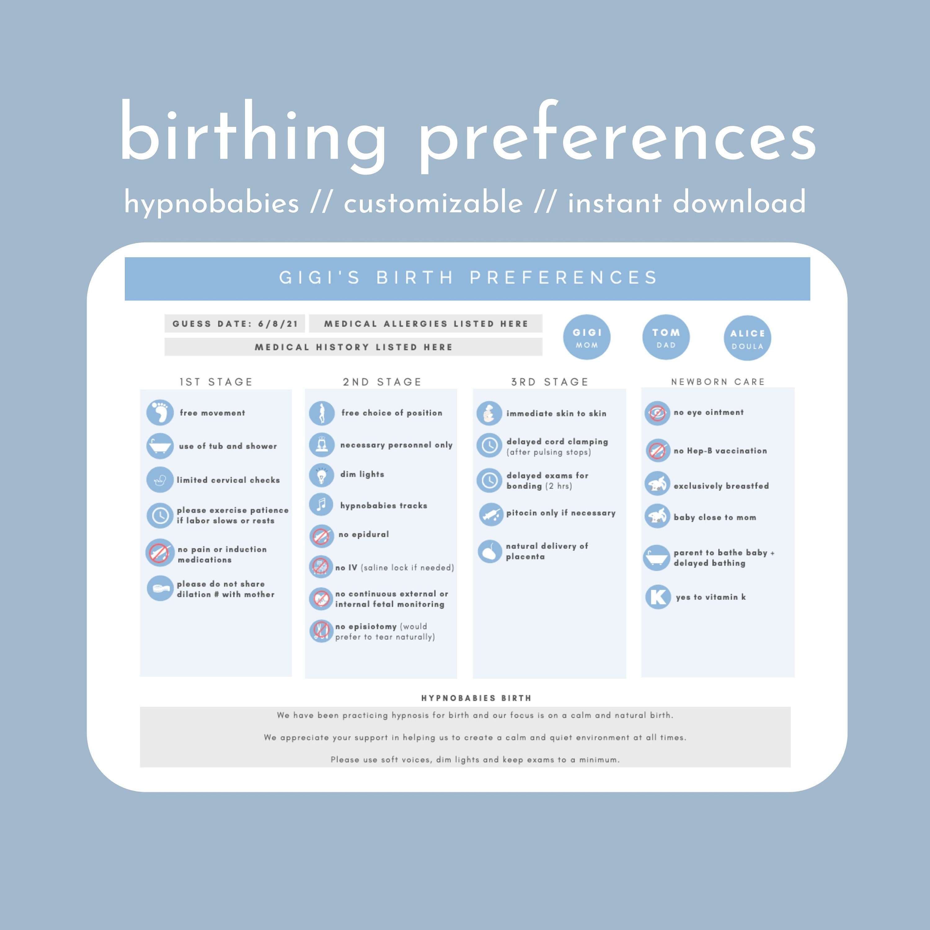 Visual Birth Plan / Birth Preferences / Natural Birth / Unmedicated ...