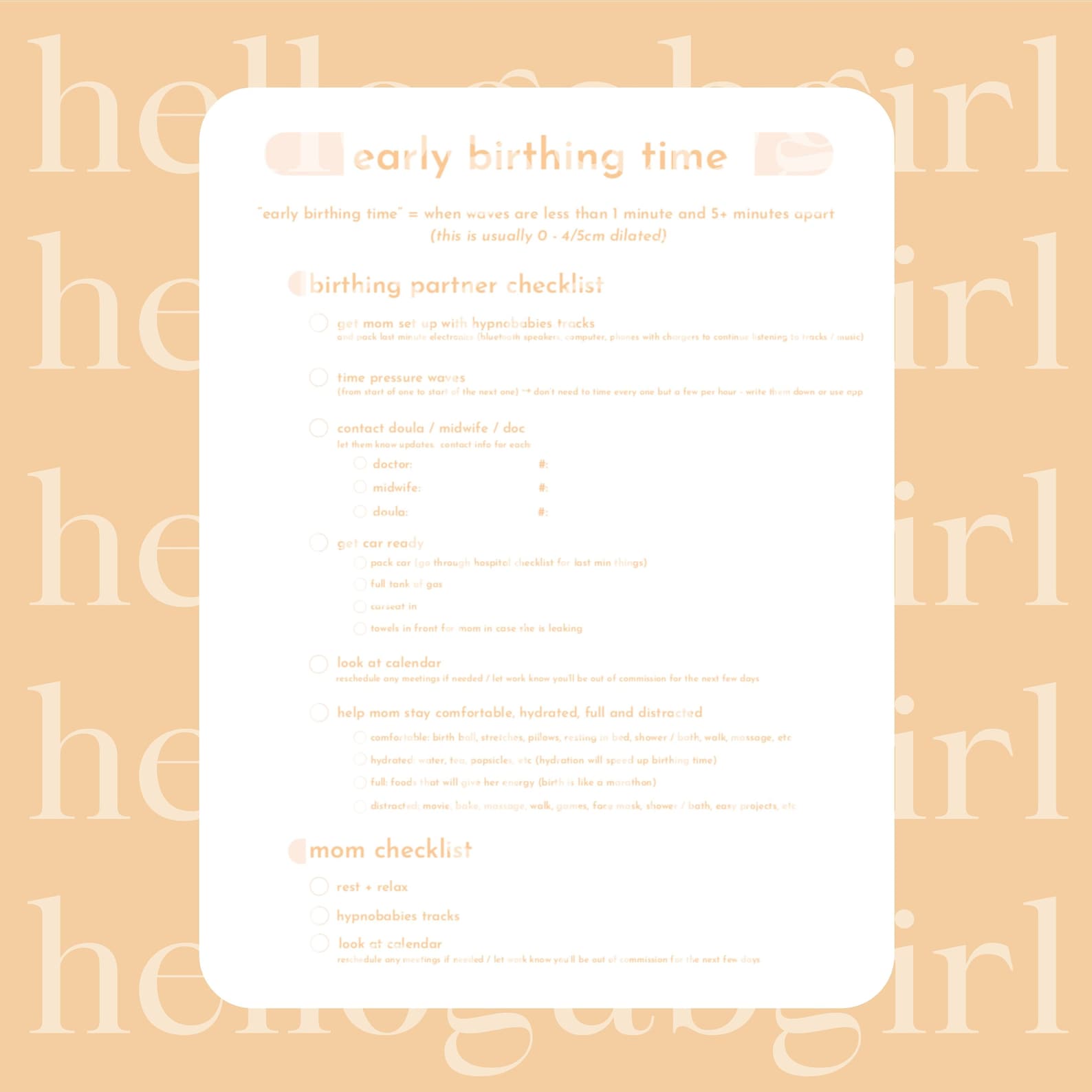 Birthing Time Prep Checklist // Birth Partner Checklist // - Etsy