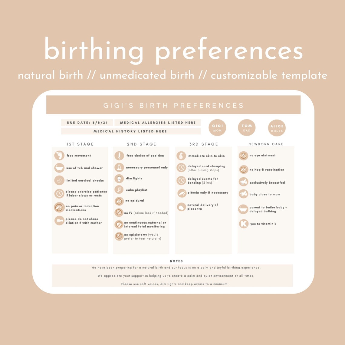 Visual Birth Plan Birth Preferences Natural Birth Unmedicated
