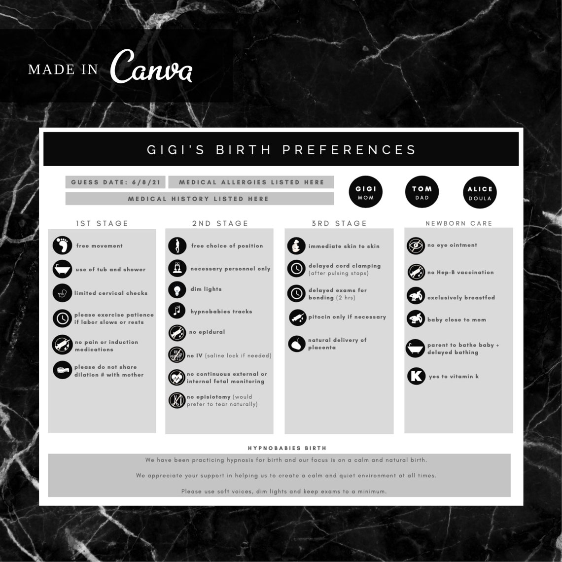 Visual Birth Plan / Birth Preferences / Natural Birth / - Etsy