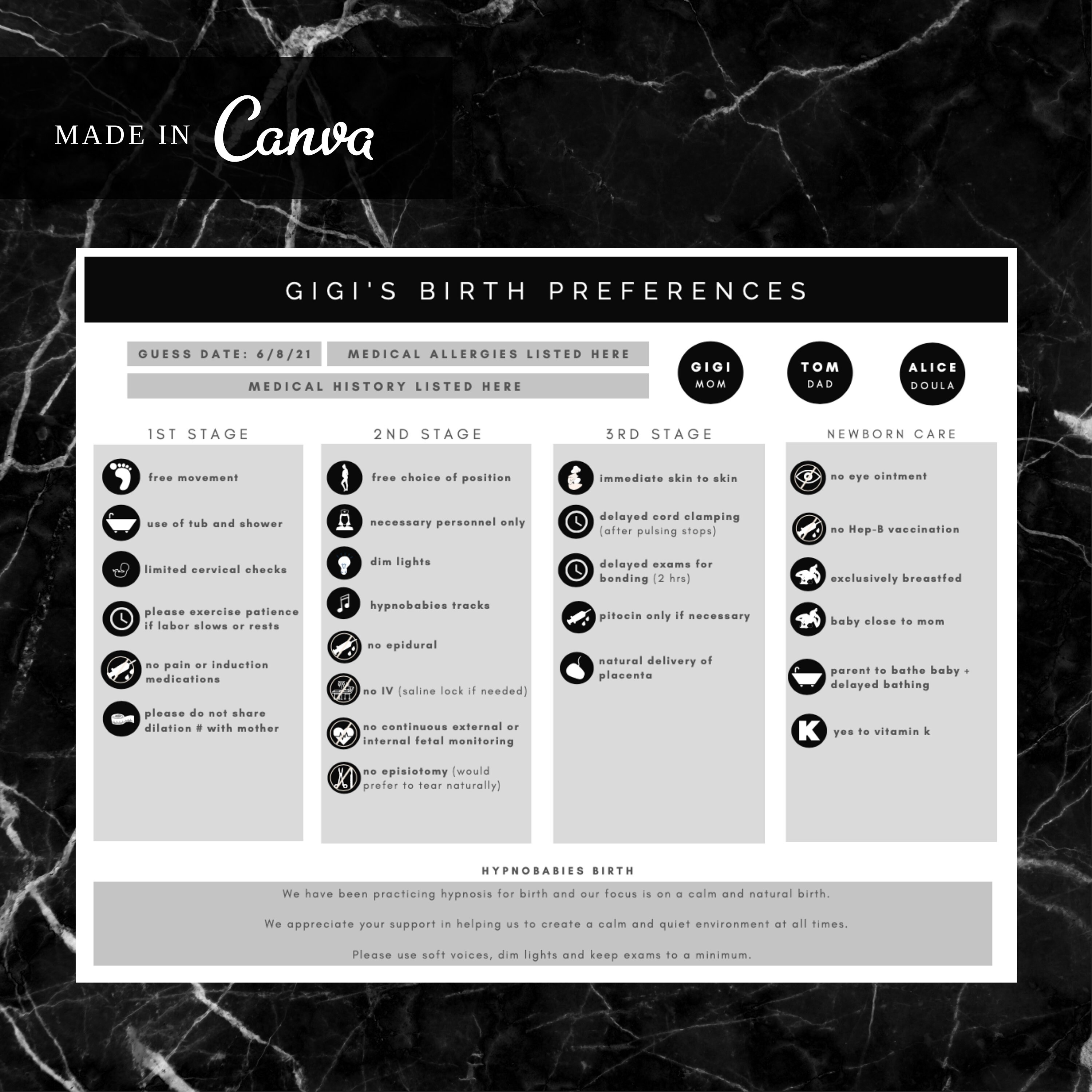 Visual Birth Plan / Birth Preferences / Natural Birth / Unmedicated ...