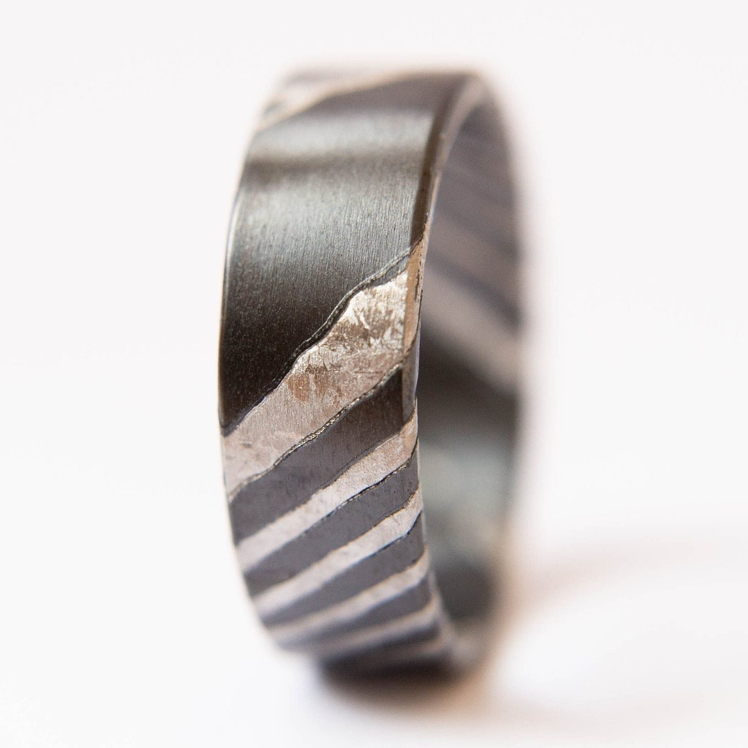 Zirconium and Crystallized Titanium Damascus Wedding Band, Mens Black ...
