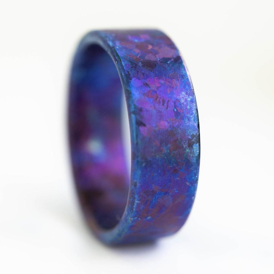 Crystallized Titanium Wedding Band, Flame Anodized Indigo Titanium Ring ...