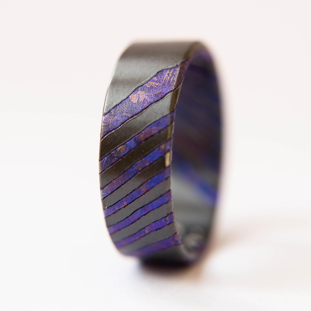 Violet Crystallized Titanium and Zirconium Damascus Wedding Band, Mens Black Ring, Titanium Ring ...